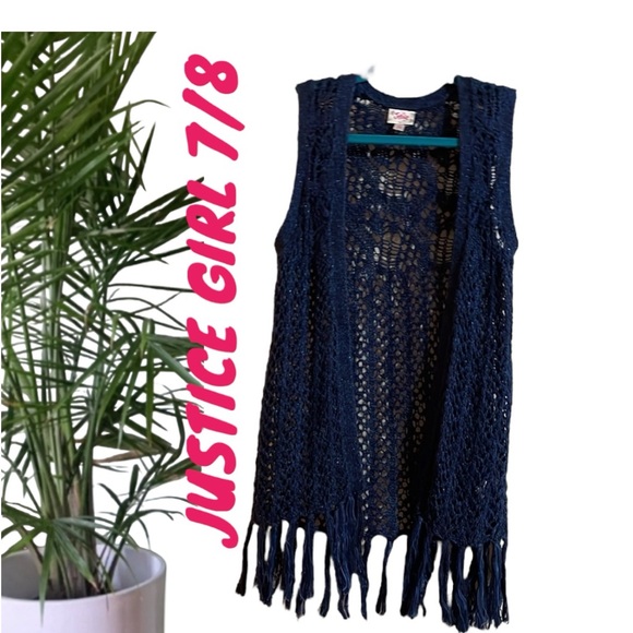 Justice | Jackets & Coats | Justice Girl Fringe Open Crochet Weave Navy ...